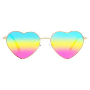 Polarized Heart Shaped Sunglasses for Women Metal Frame Cute Lovely Glasses 100% UV Protection (Gold/Rainbow Mirror)