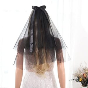 Aularso Black Lace Wedding Veils Bow-Knot Simple Veils for Bridal Short 2 Tier Waist Length Tulle Veil with Comb Halloween Costume Veils for Women and Girls (BlackC-S)