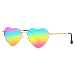 polarized heart shaped sunglasses for women metal frame cute lovely glasses 100% uv protection (gold/rainbow mirror)