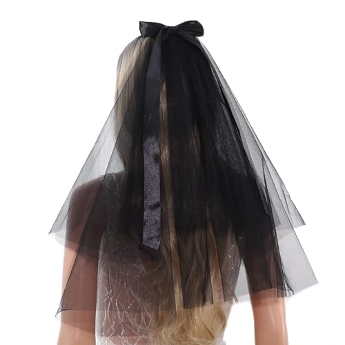 Aularso Black Lace Wedding Veils Bow-Knot Simple Veils for Bridal Short 2 Tier Waist Length Tulle Veil with Comb Halloween Costume Veils for Women and Girls (BlackC-S)