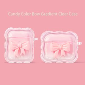 Cute AirPod Case with Keychain Pink Bow Clear Gradient Design Wavy Border Protective Soft Cover Compatiable with AirPods 1st & 2nd Generation for Women and Girls