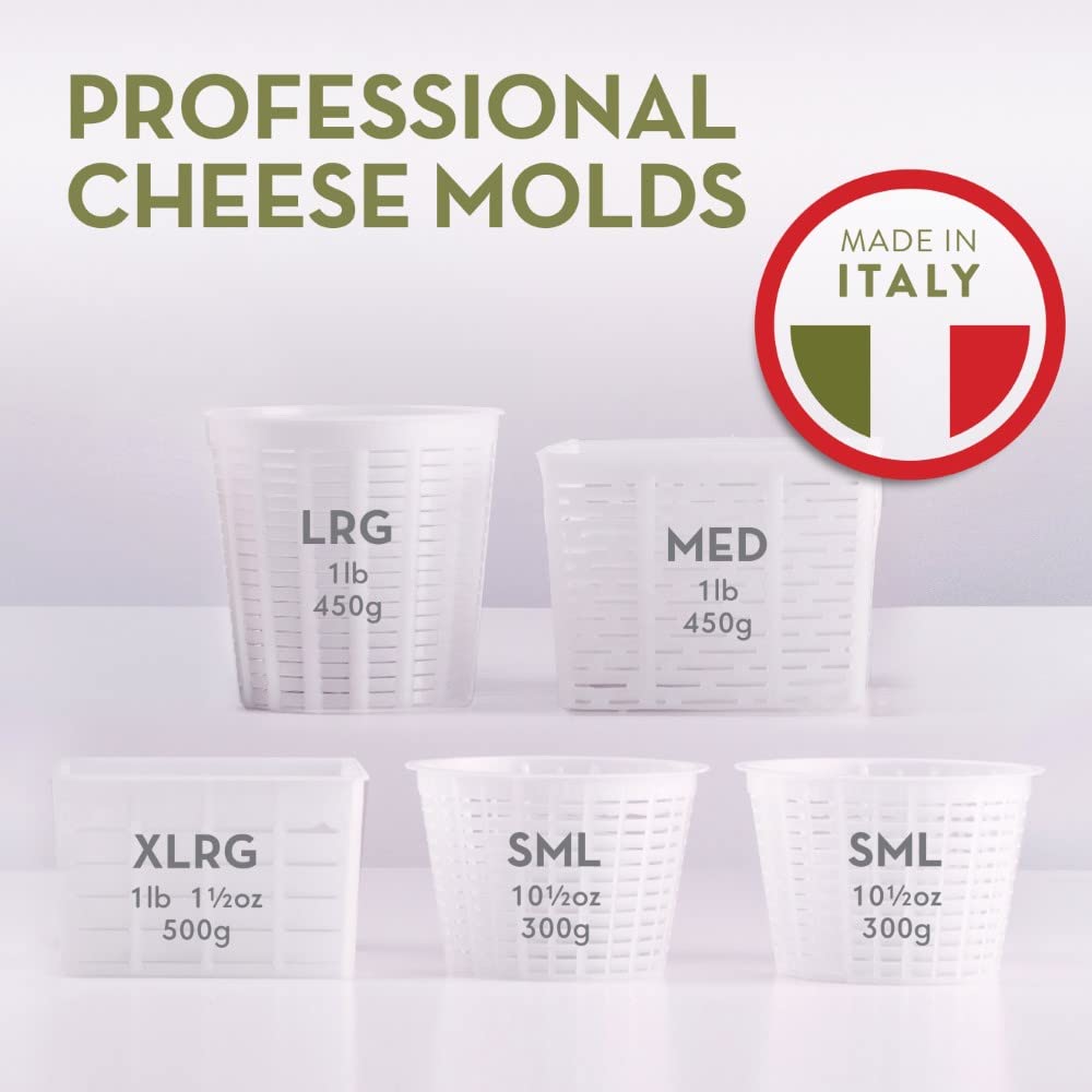 Easy Cheesemaking Set | 5 Cheese Molds + Cheese Making Book | Made in Italy | Recipes to Make Ricotta, Paneer, Goats Cheese, Quark and More | Professional Cheese Press Basket Mold Set of Strainers