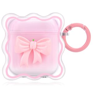 cute airpod case with keychain pink bow clear gradient design wavy border protective soft cover compatiable with airpods 1st & 2nd generation for women and girls