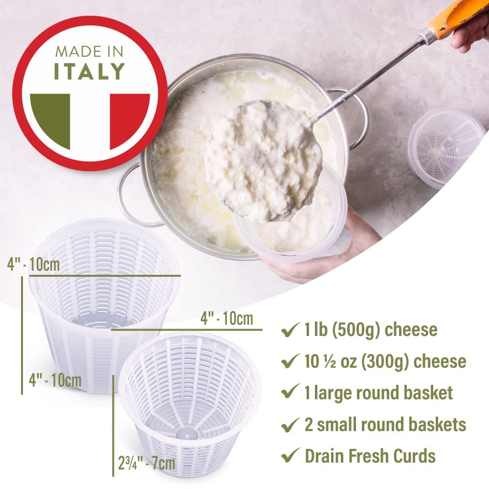 Easy Cheesemaking Set | 5 Cheese Molds + Cheese Making Book | Made in Italy | Recipes to Make Ricotta, Paneer, Goats Cheese, Quark and More | Professional Cheese Press Basket Mold Set of Strainers