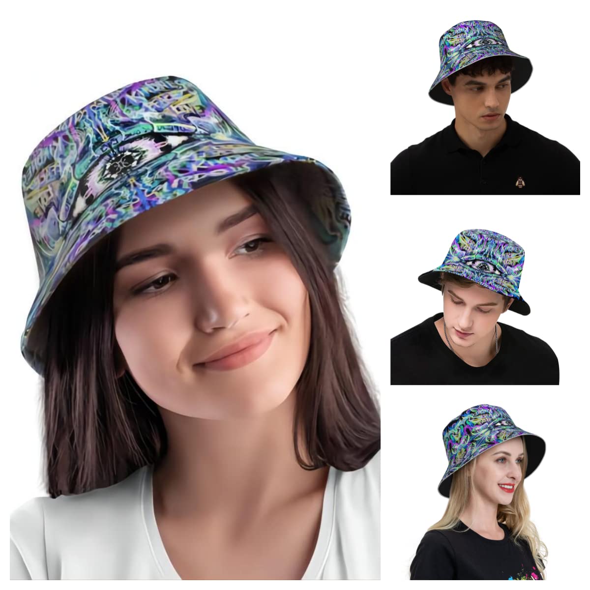 Psychedelic Trippy Rave Bucket Hats for Women Men Packable Outdoor Travel Beach Sun Hat Rave Festival Outfits Accessories for Women