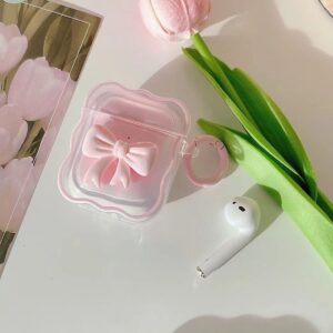 Cute AirPod Case with Keychain Pink Bow Clear Gradient Design Wavy Border Protective Soft Cover Compatiable with AirPods 1st & 2nd Generation for Women and Girls