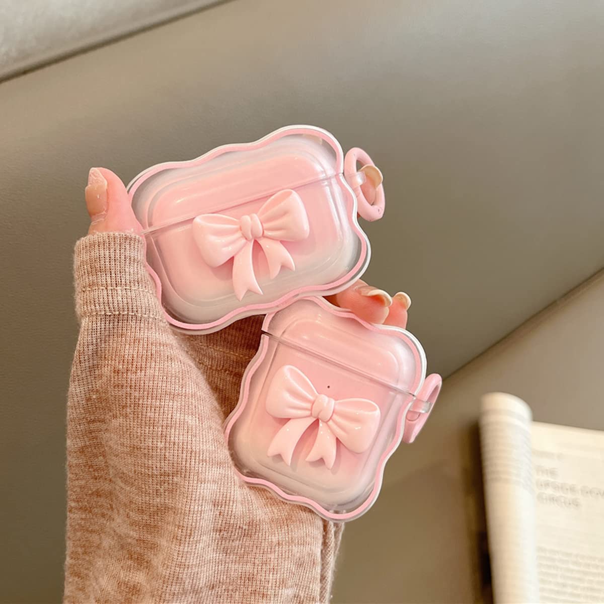 Cute AirPod Case with Keychain Pink Bow Clear Gradient Design Wavy Border Protective Soft Cover Compatiable with AirPods 1st & 2nd Generation for Women and Girls