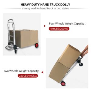 Oyoest Aluminium Hand Truck Dolly Heavy Duty 440lbs Capacity 2 in 1 Convertible Folding Hand Truck with Pneumatic Wheels and Telescoping Handles,Portable Dolly Cart with Bungee Cords for Moving