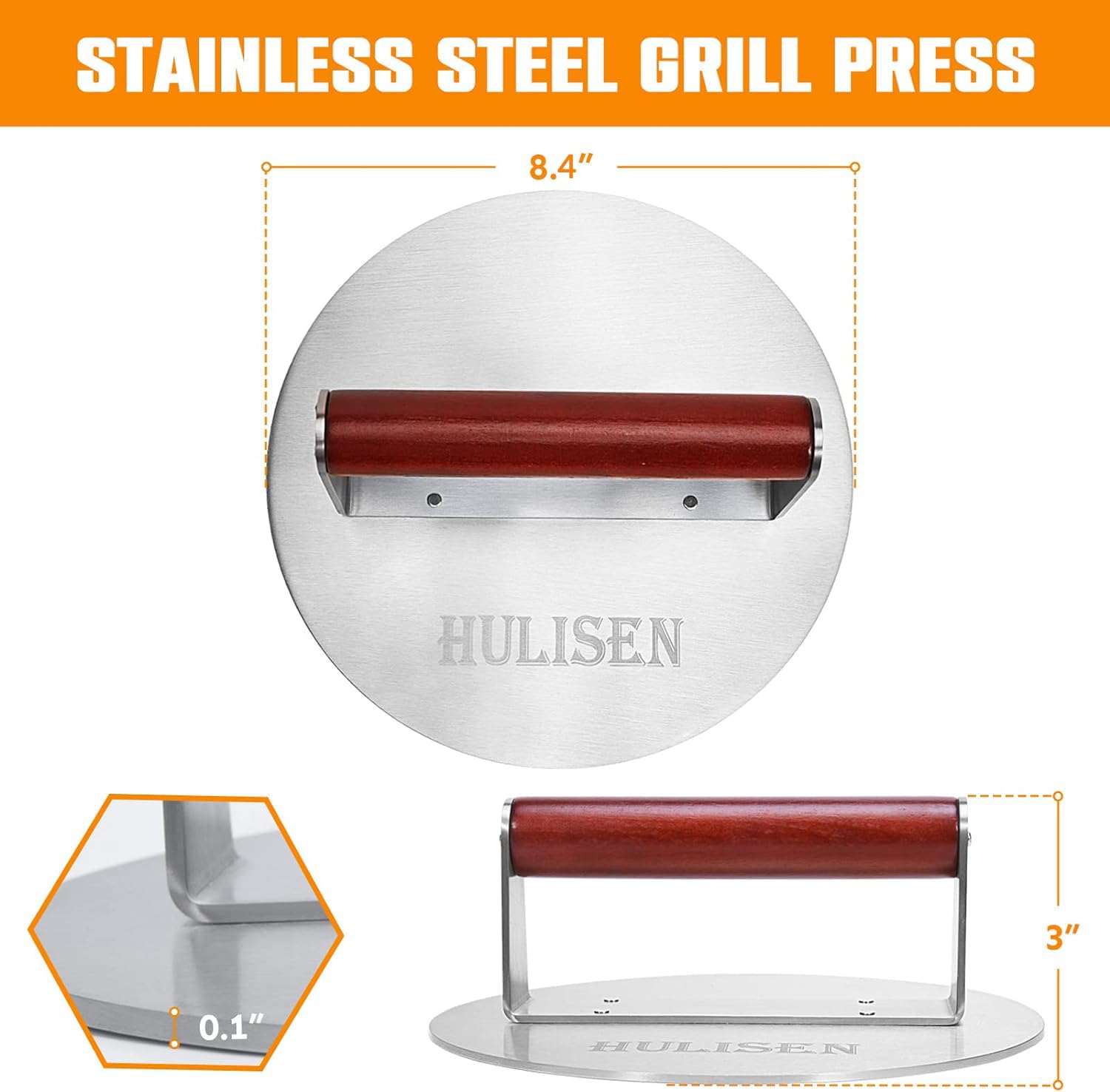 HULISEN 8.5-Inch Burger Press, 2.5 lbs Heavy Duty Bacon & Grill Press, Stainless Steel Smashed Burger Press, Round Smasher with Wood Handle, BBQ Griddle Accessories for Hamburger, Steak, Meat