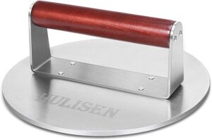 hulisen 8.5-inch burger press, 2.5 lbs heavy duty bacon & grill press, stainless steel smashed burger press, round smasher with wood handle, bbq griddle accessories for hamburger, steak, meat