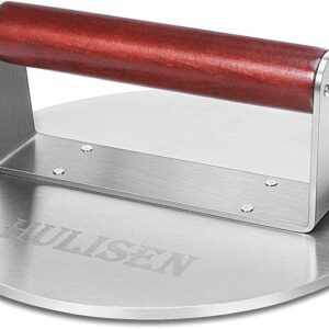 HULISEN 8.5-Inch Burger Press, 2.5 lbs Heavy Duty Bacon & Grill Press, Stainless Steel Smashed Burger Press, Round Smasher with Wood Handle, BBQ Griddle Accessories for Hamburger, Steak, Meat