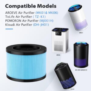 MK01 MK06 Air Filter Replacement Compatible with MK01 MK06, ToLife TZ-K1, Kloudi DH-JH01, POMORON MJ001H/MJ012H Air Purifier, Pack of 2 with Extra 6-Pieces Essential Oil Pad