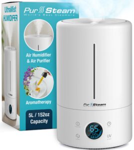 pursteam humidifiers for large room & bedroom, 5l cool mist ultrasonic whisper-quiet oil diffuser for baby nursery and plants, humidifying unit for whole house, auto shut-off, up to 20h of operating