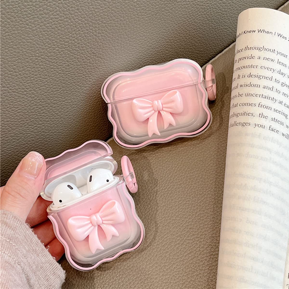 Cute AirPod Case with Keychain Pink Bow Clear Gradient Design Wavy Border Protective Soft Cover Compatiable with AirPods 1st & 2nd Generation for Women and Girls