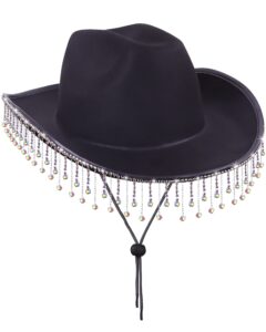 mgupzao black cowgirl hat bachelorette party,ab diamond cowboy hat costume accessories for women men,bride to be gift,cow girl hats novelty with rhinestone tassel design adjustable neck drawcord