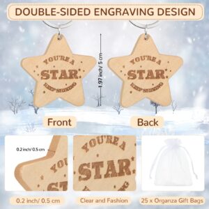 Roowest 25 Sets Star Keychains Inspirational Wooden Keychain Motivational You're a Star Keychains Bulk and 25 Pcs Organza Bags Thank You Gift for Students Teacher School Employee