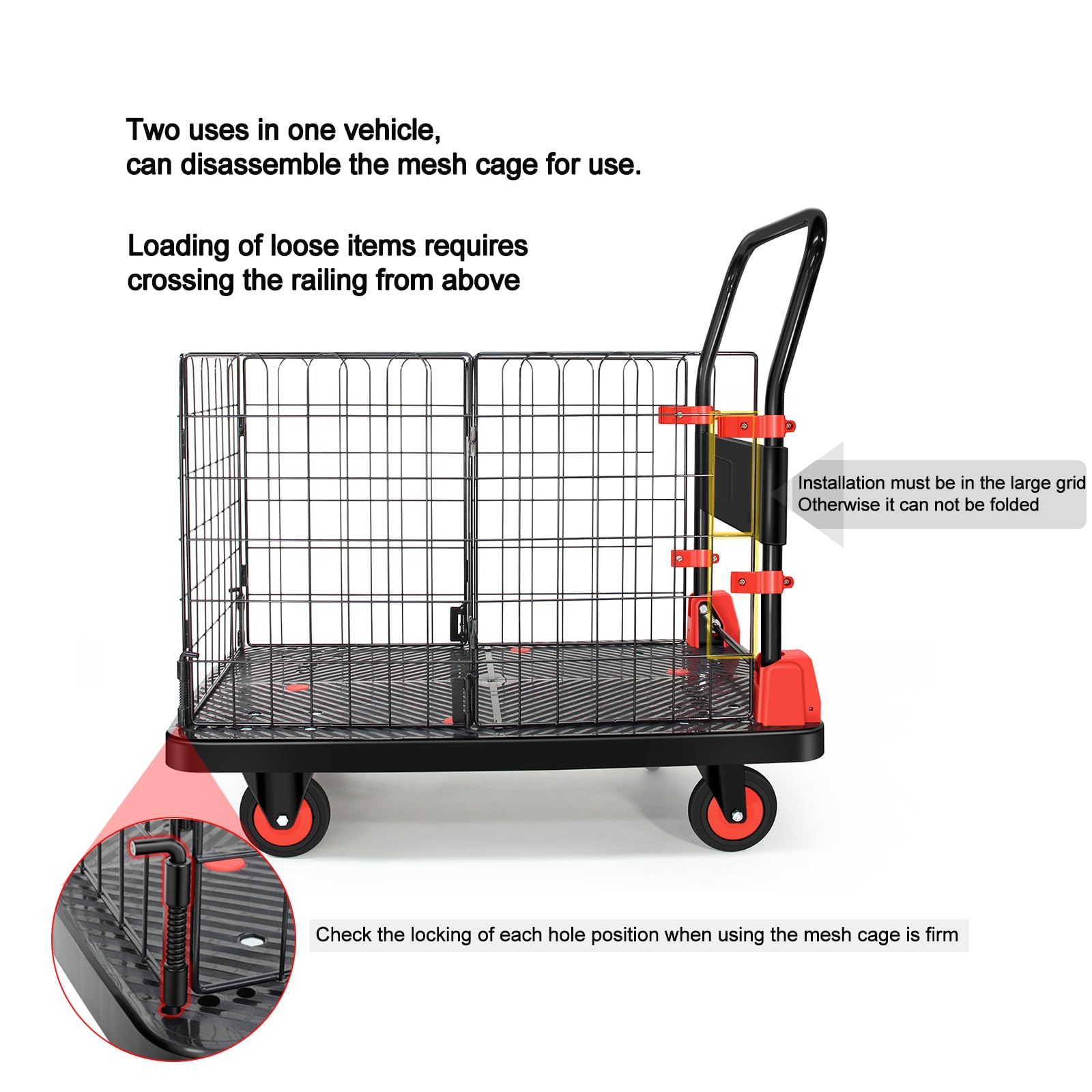 Uholan Heavy Duty Hand Truck with Cage Removable Cage Cart Dolly Cart with Wheels Load 660lbs Multipurpose Grocery Cart Shopping Moving Storage