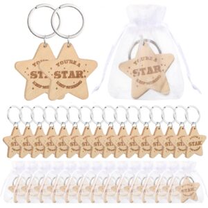 roowest 25 sets star keychains inspirational wooden keychain motivational you're a star keychains bulk and 25 pcs organza bags thank you gift for students teacher school employee