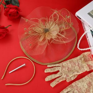 3 Pieces Fascinators Hats for Women Tea Party Hat Feathers Veil Mesh Hat Lace Gloves Pearl Choker Necklace Set for Wedding (Gold)