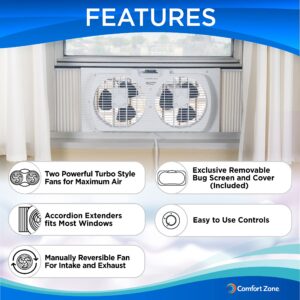 Comfort Zone Twin Window Fan with Quiet Setting, Reversible Airflow Control, 9 inch, 3-Speeds, Expandable, Exhaust, Dual Fan, Airflow 9.84 ft/sec, Ideal for Home, Kitchen, Bedroom & Office, CZ319WT2