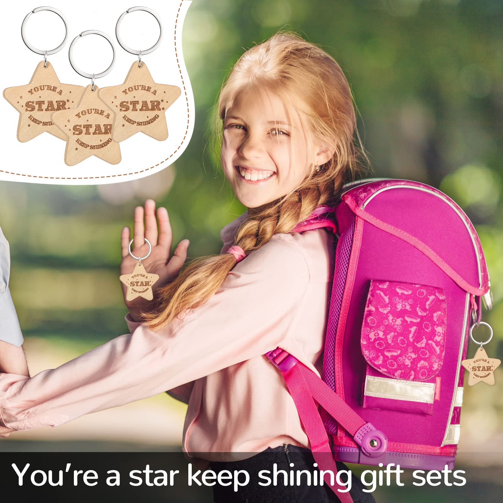 Roowest 25 Sets Star Keychains Inspirational Wooden Keychain Motivational You're a Star Keychains Bulk and 25 Pcs Organza Bags Thank You Gift for Students Teacher School Employee