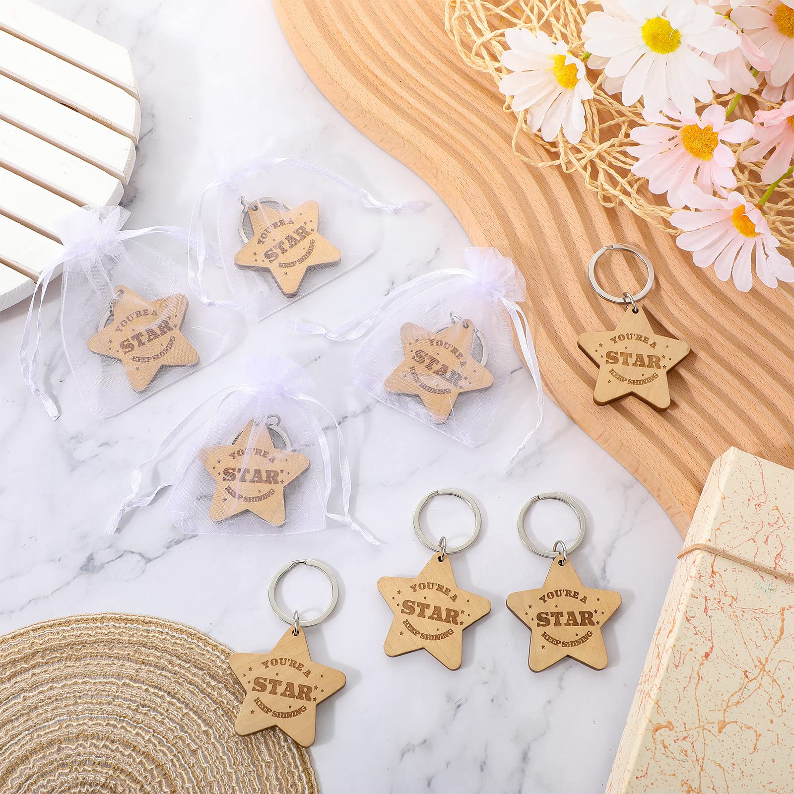 Roowest 25 Sets Star Keychains Inspirational Wooden Keychain Motivational You're a Star Keychains Bulk and 25 Pcs Organza Bags Thank You Gift for Students Teacher School Employee