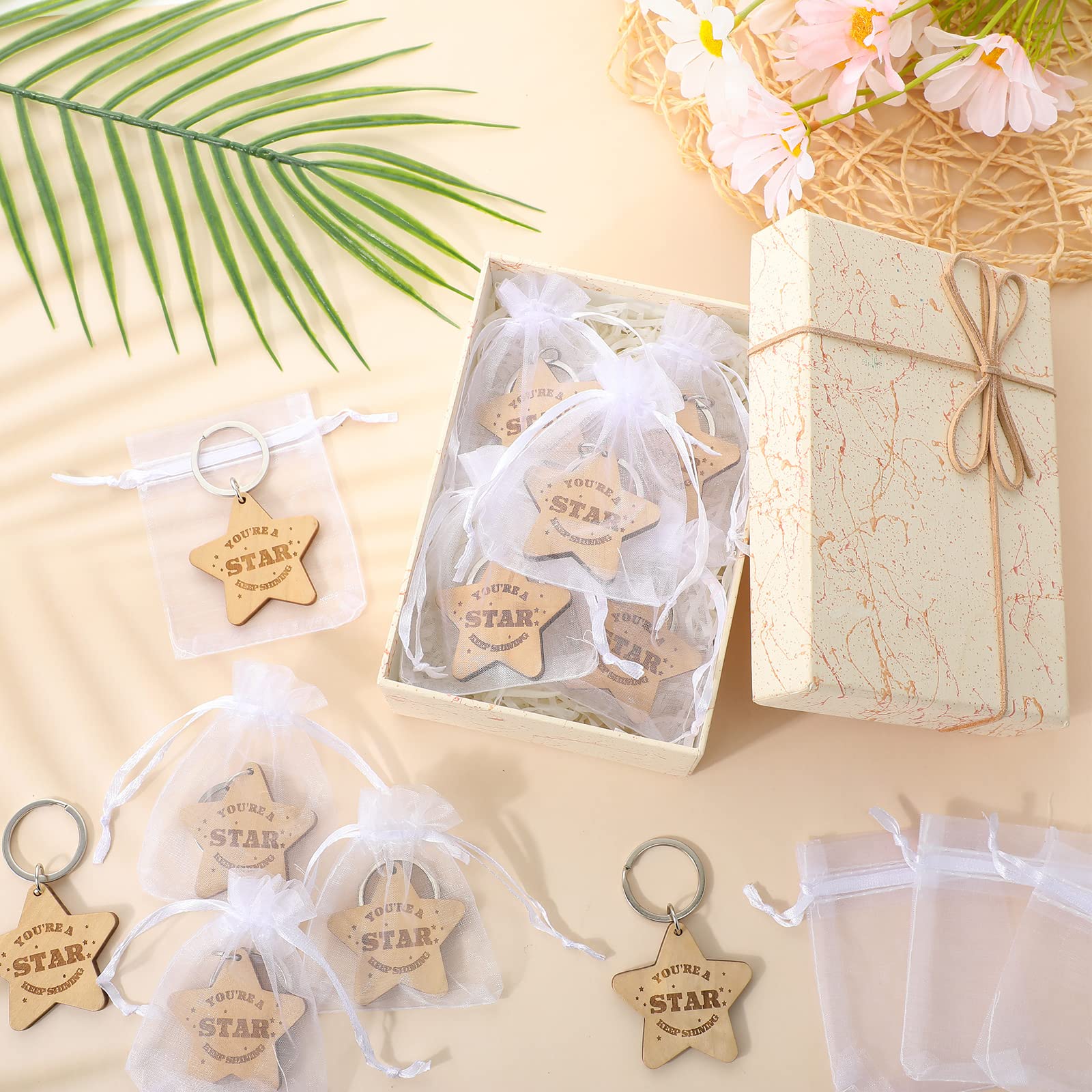 Roowest 25 Sets Star Keychains Inspirational Wooden Keychain Motivational You're a Star Keychains Bulk and 25 Pcs Organza Bags Thank You Gift for Students Teacher School Employee