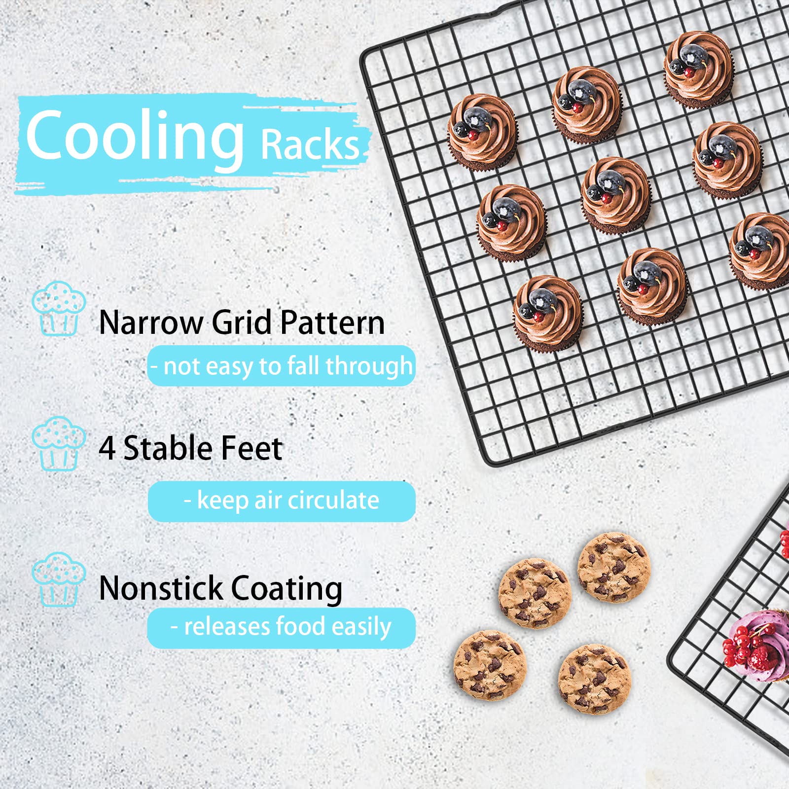 Tebery 2 Pack Black Heavy-Duty Wire Cooking Rack Baking Racks, Nonstick Baking & Cooling Grid for Roasting, Cooking, Grilling, Drying - 16" x 10"