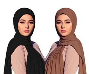 enstiler 2pcs solid color jersey hijab lightweight soft muslim head scarf long scarf wrap scarves for women (black, deep khaki)