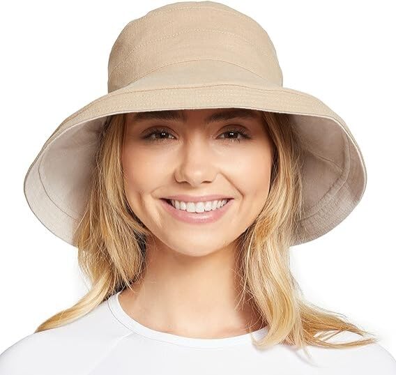 Solbari Holiday Sun Hat - UPF50+ Reversible, Foldable & Packable UV Sun Protection Hat with Full Coverage Brim and Adjustable Drawcord, Natural/Beige Under Brim, Small-Medium