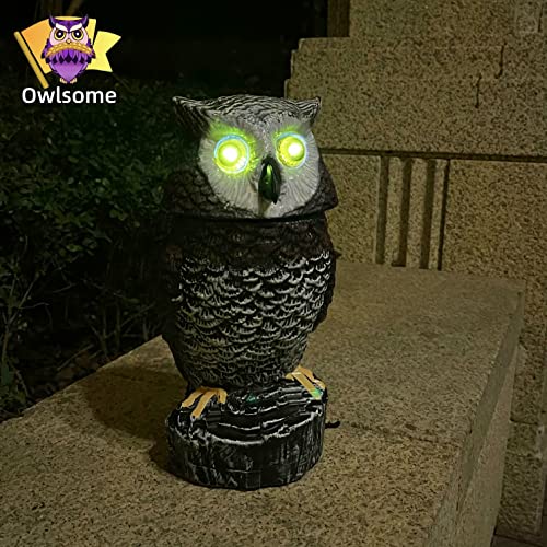 Owlsome Solar Red Owl with Flashing Eyes, Rotating Head, Hooting, Motion Detector and Silent Mode, Plastic Owl Garden Sculpture, Garden Decoration