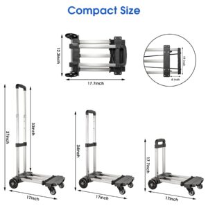 KEDSUM Foldable Hand Truck, 350 lbs Stainless Steel Folding Luggage Cart, Portable Dolly Cart for Moving, Solid Platform Hand Cart with Elastic Ropes, Collapsible Luggage Cart with Wheels for Moving