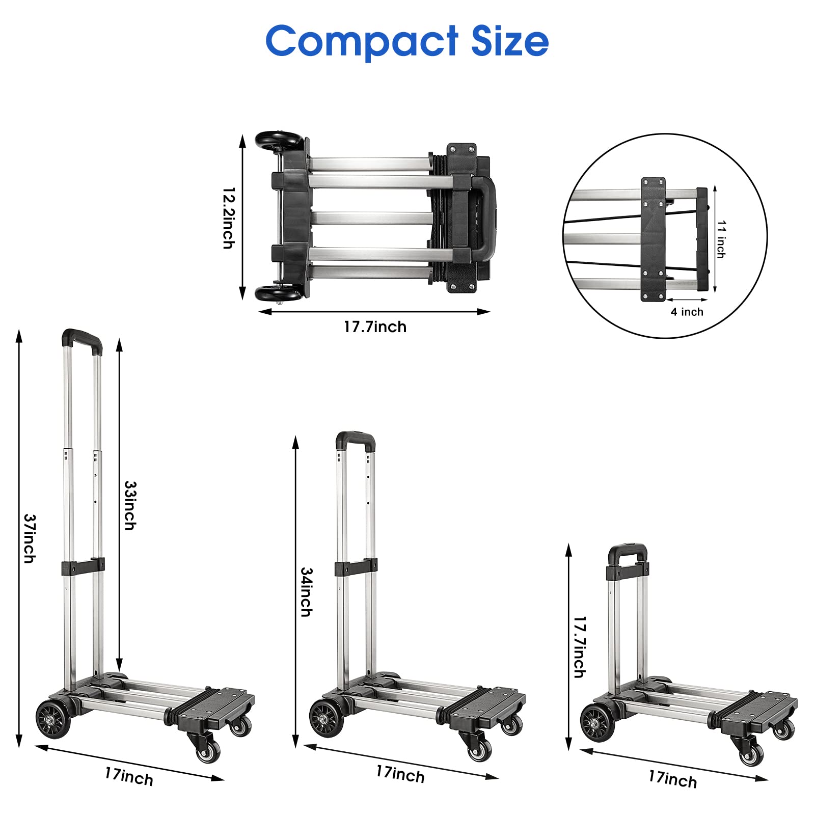 KEDSUM Foldable Hand Truck, 350 lbs Stainless Steel Folding Luggage Cart, Portable Dolly Cart for Moving, Solid Platform Hand Cart with Elastic Ropes, Collapsible Luggage Cart with Wheels for Moving