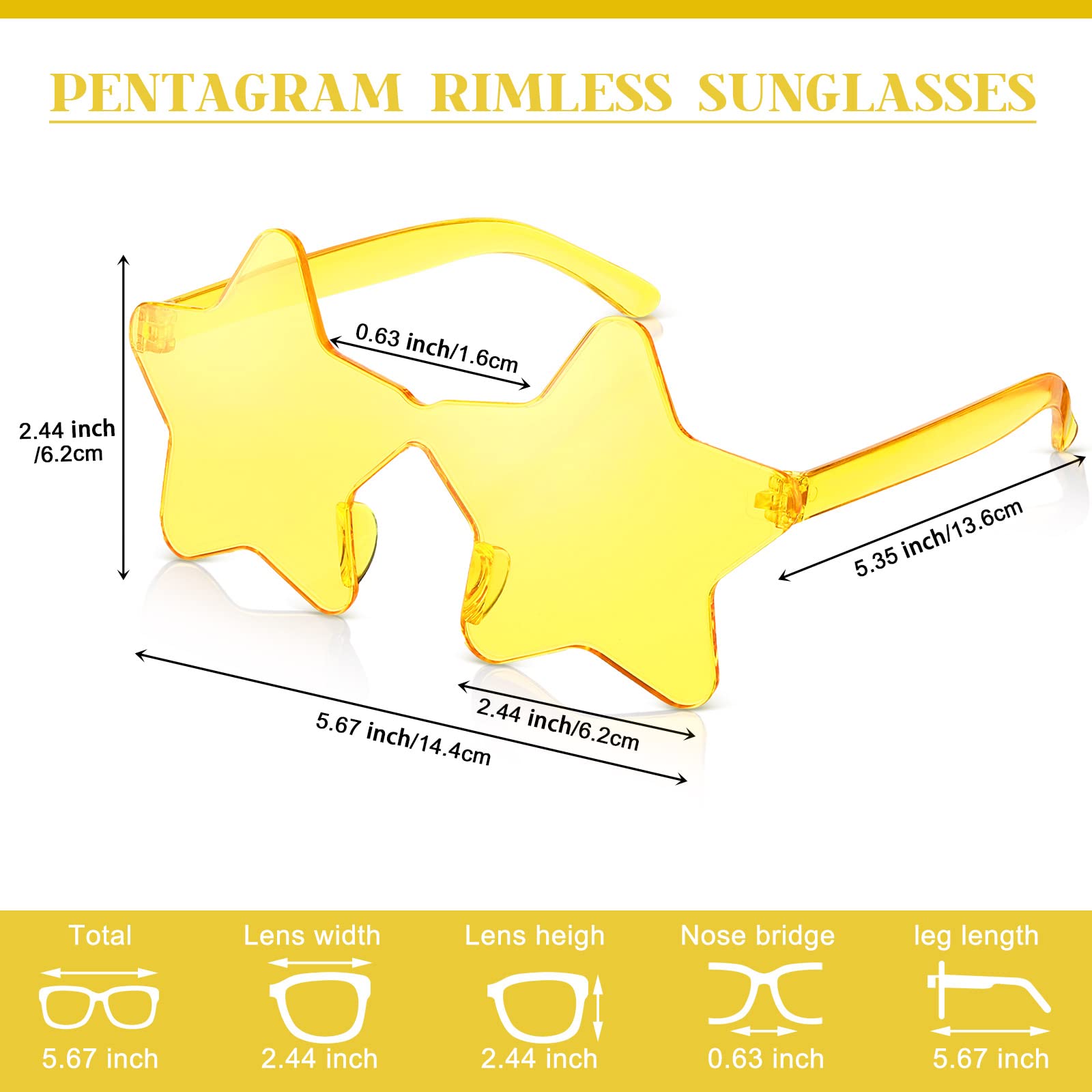 Cindeer 12 Pair Star Shape Glasses Bulk Rimless Sunglasses for Women Halloween Xmas Party Pentagram Star Accessories(Light Yellow)