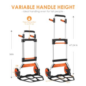 Teprovo Dolly Cart, 309 lb Aluminum Folding Hand Truck with Swivel Handle, Heavy Duty Utility Dolly Foldable Trolley with Elastic Cord, 7 Inch Wheels for Moving, Warehousing, Shopping and More