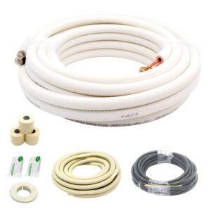 25ft length mini split line set,1/4" 5/8" od copper pipes tubing and 3/8 white pe thickened insulated coil with flared nuts for mini split air conditioner hvac or heat pump system. (25ft(1/4+5/8))