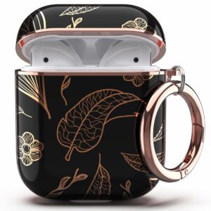 tatofy case cover for airpods 1&2, stylish airpods case for women girls, flower patterns protective hard case with clip (golden black)