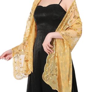 Aukmla Sequin Shawls and Wraps for Evening Dresses 1920s Lace Scarf Wedding Spakle Cape Cover Up Wedding Accessories(A Gold)