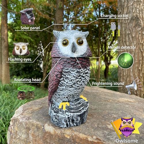 Owlsome Solar Red Owl with Flashing Eyes, Rotating Head, Hooting, Motion Detector and Silent Mode, Plastic Owl Garden Sculpture, Garden Decoration