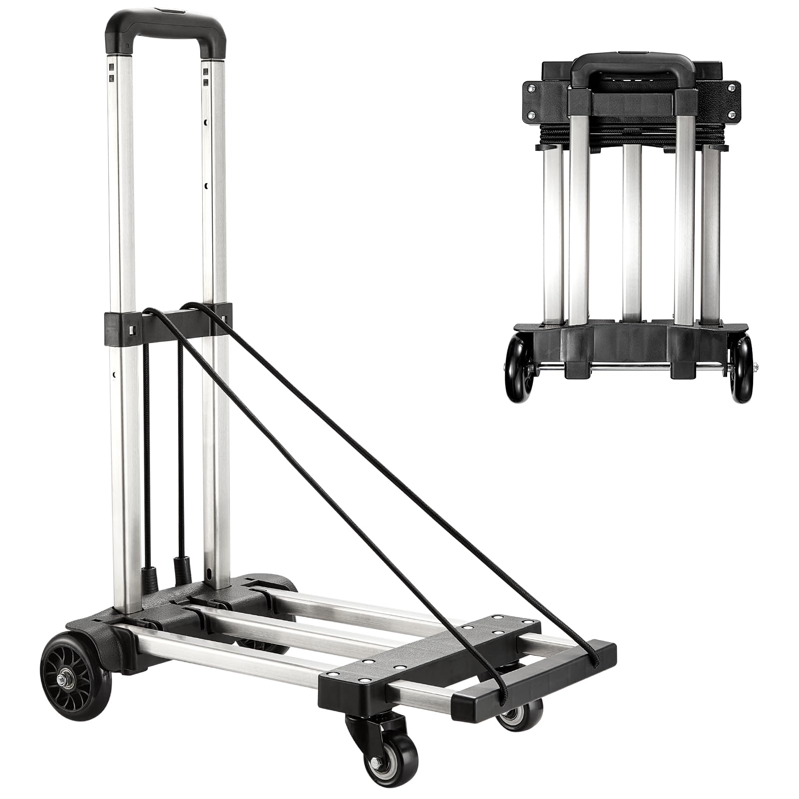 KEDSUM Foldable Hand Truck, 350 lbs Stainless Steel Folding Luggage Cart, Portable Dolly Cart for Moving, Solid Platform Hand Cart with Elastic Ropes, Collapsible Luggage Cart with Wheels for Moving