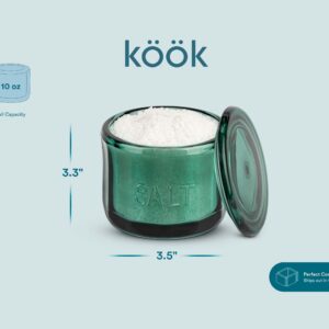 KooK Glass Salt Cellar, with Lid, Embossed Pressed Glass, Clear Storage Container, for Coffee, Sugar, Spices and Candies, 10 oz (Emerald Green)