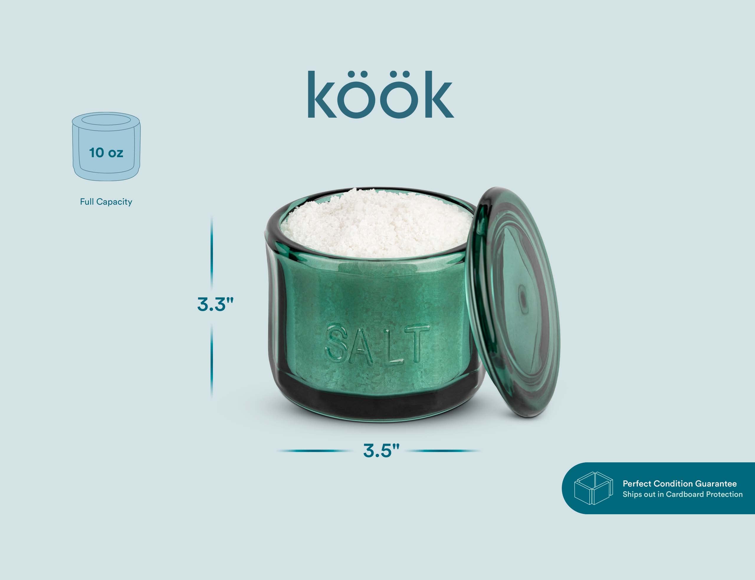 KooK Glass Salt Cellar, with Lid, Embossed Pressed Glass, Clear Storage Container, for Coffee, Sugar, Spices and Candies, 10 oz (Emerald Green)