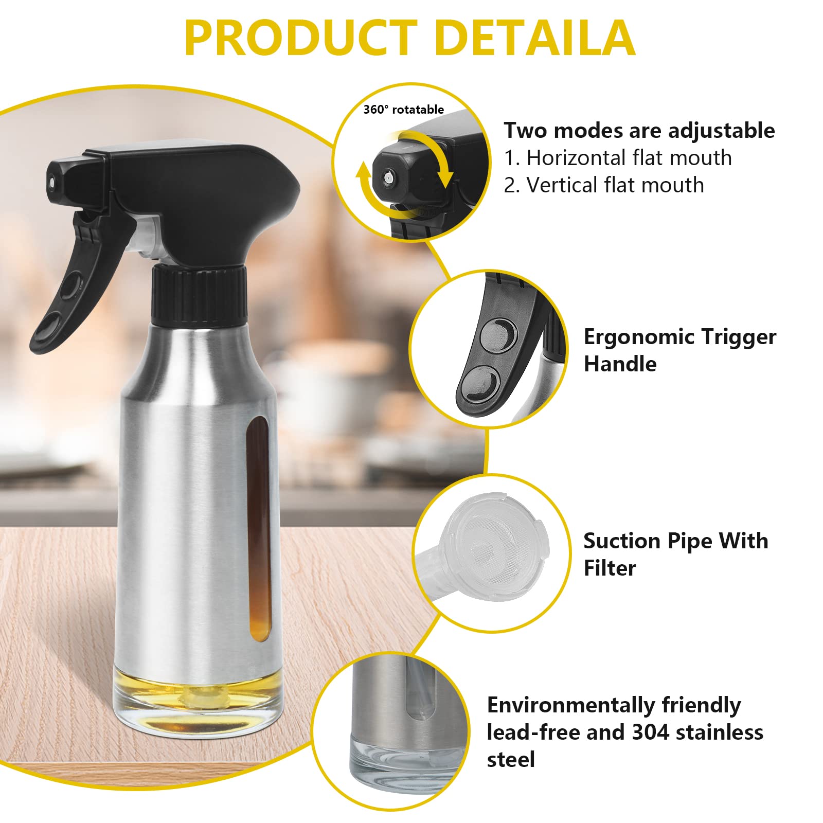 Haiaoxonr Spray Bottle,180ml Olive Oil Sprayer for Cooking,Stainless Steel Oil Spray Bottle Mister for Air Fryer,Canola Spritzer Bottles for BBQ, Salad, Vinegar,Kitchen Baking, Roasting