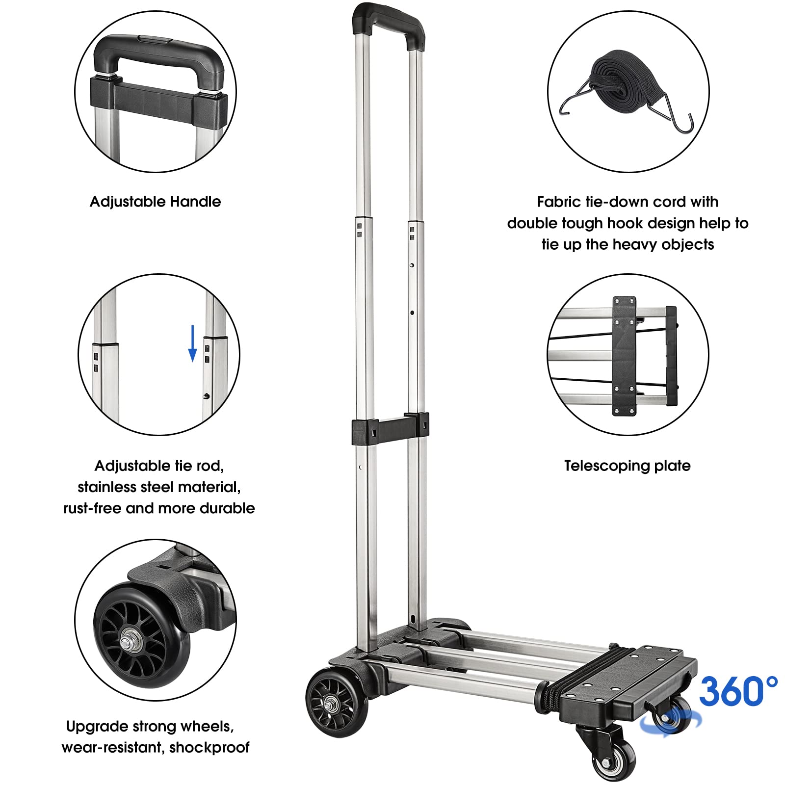 KEDSUM Foldable Hand Truck, 350 lbs Stainless Steel Folding Luggage Cart, Portable Dolly Cart for Moving, Solid Platform Hand Cart with Elastic Ropes, Collapsible Luggage Cart with Wheels for Moving