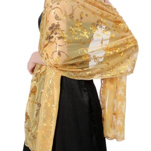 Aukmla Sequin Shawls and Wraps for Evening Dresses 1920s Lace Scarf Wedding Spakle Cape Cover Up Wedding Accessories(A Gold)