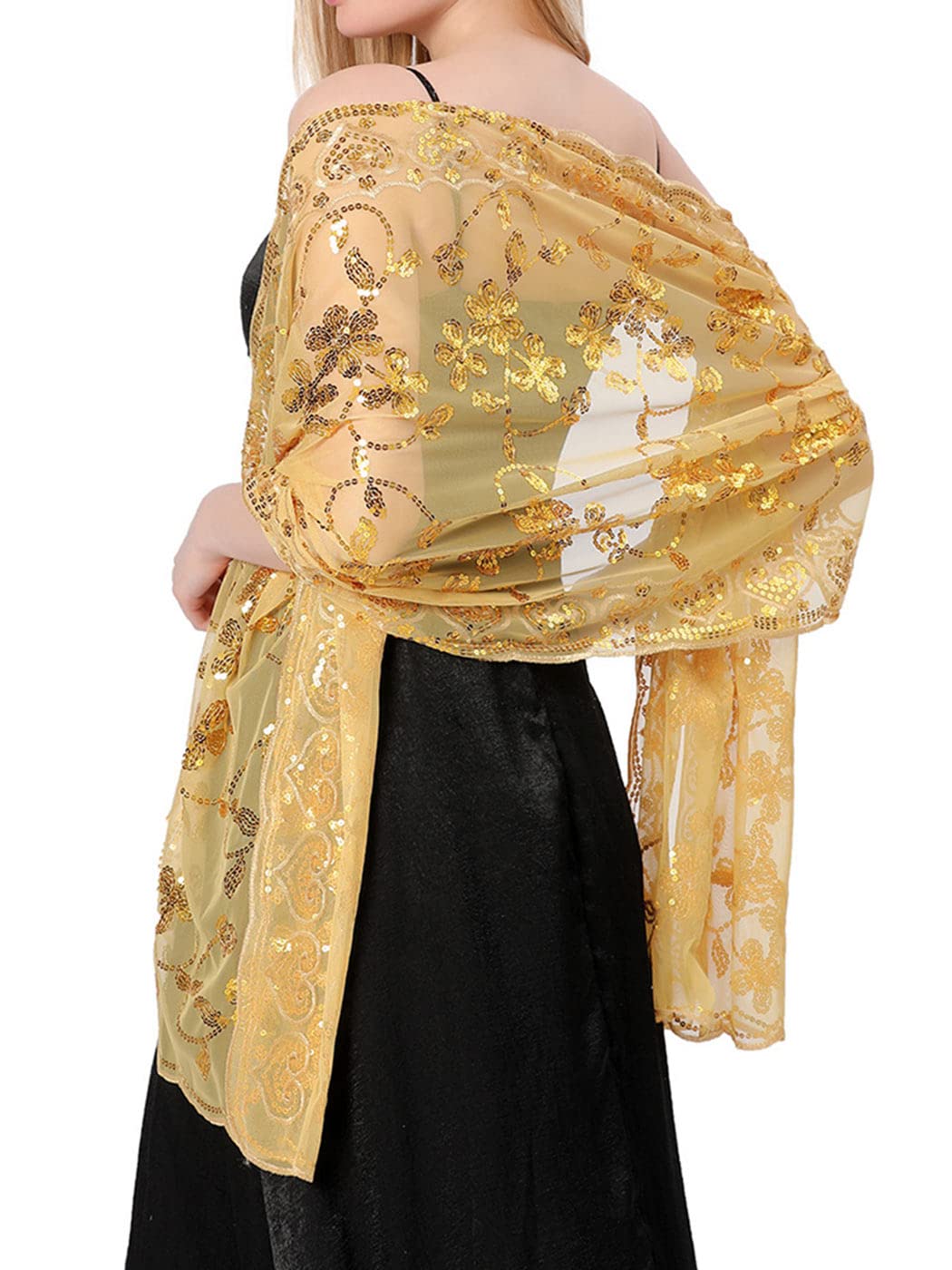 Aukmla Sequin Shawls and Wraps for Evening Dresses 1920s Lace Scarf Wedding Spakle Cape Cover Up Wedding Accessories(A Gold)