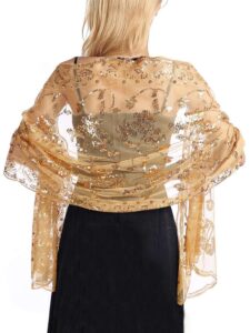 aukmla sequin shawls and wraps for evening dresses 1920s lace scarf wedding spakle cape cover up wedding accessories(a gold)