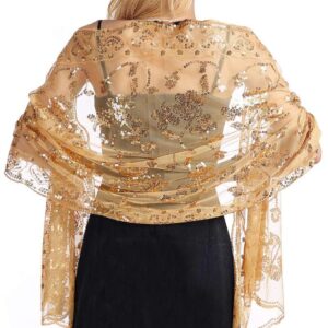 Aukmla Sequin Shawls and Wraps for Evening Dresses 1920s Lace Scarf Wedding Spakle Cape Cover Up Wedding Accessories(A Gold)