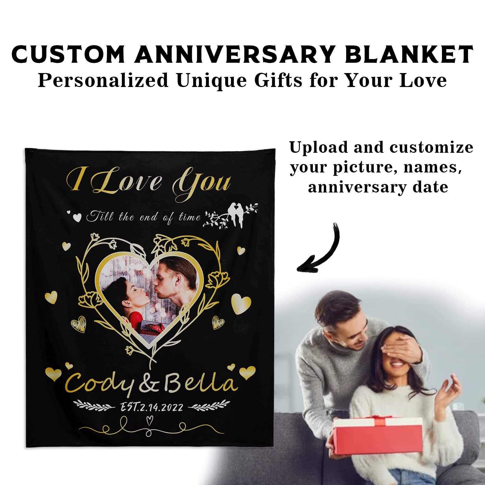 WISH TREE Custom Anniversary Blanket Gifts with Name Pictures, Valentine Gifts for 1th 5th 10th 15th Anniversary, Custom Blanket for Couple, Wedding Anniversary Romantic Gifts for Wife Husband Couple