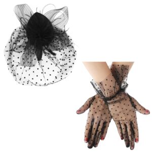 vintage fascinator hat women's feather mesh face veil hat tea party headwear with hair clip and black short floral lace gloves for women